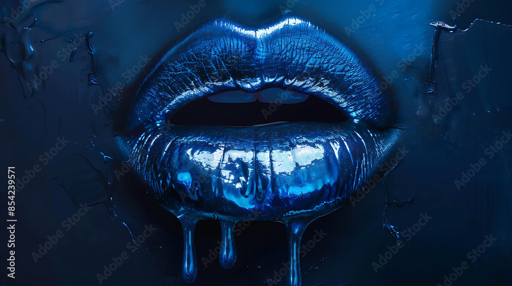 The image depicts lips with a glossy, metallic blue color and a ...