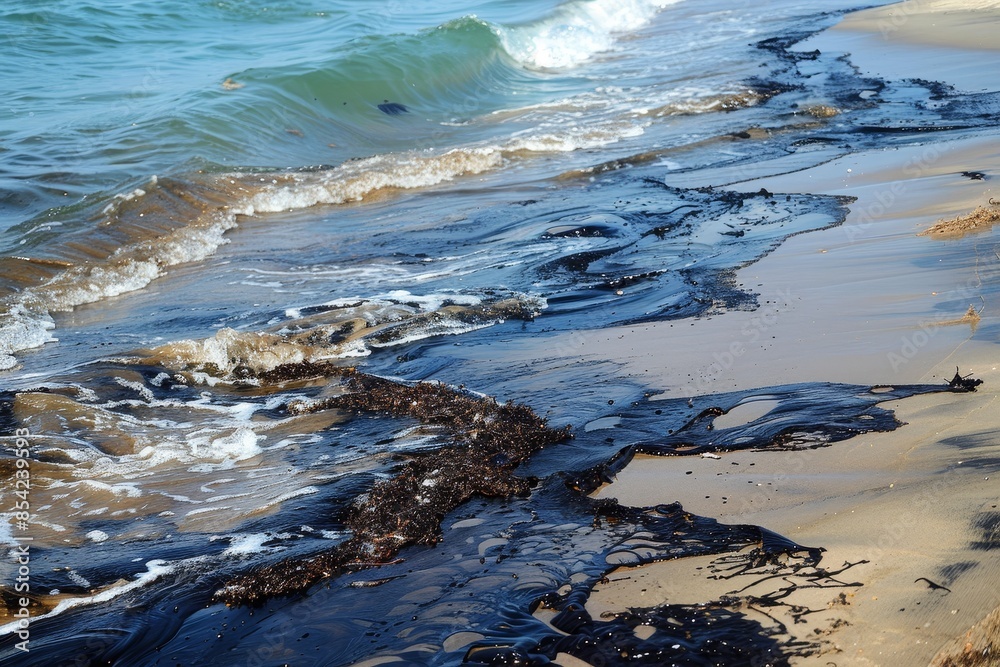 Environmental Crisis Depicted by Oil Spill on Beach with Contaminated ...
