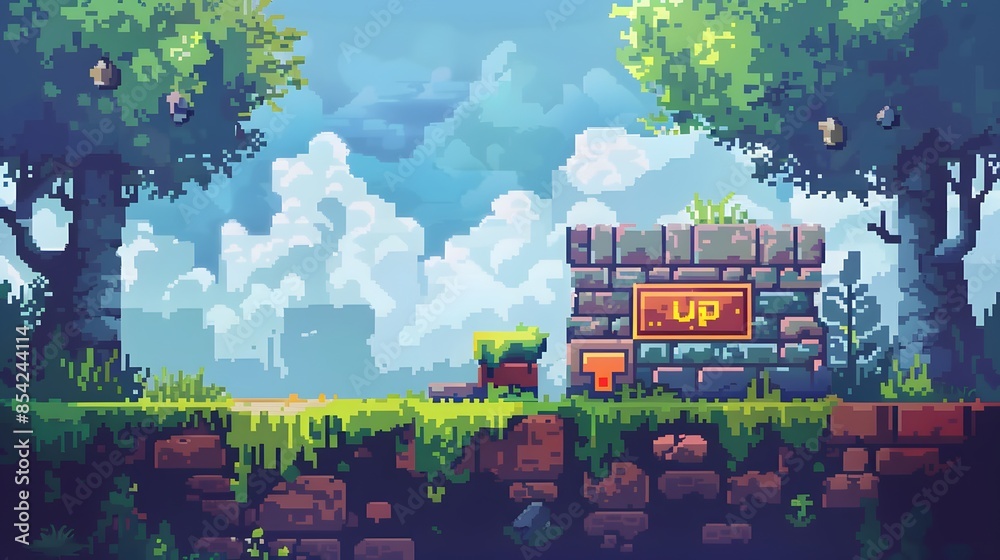 Pixel art game background featuring a 'level up' button. Retro style ...