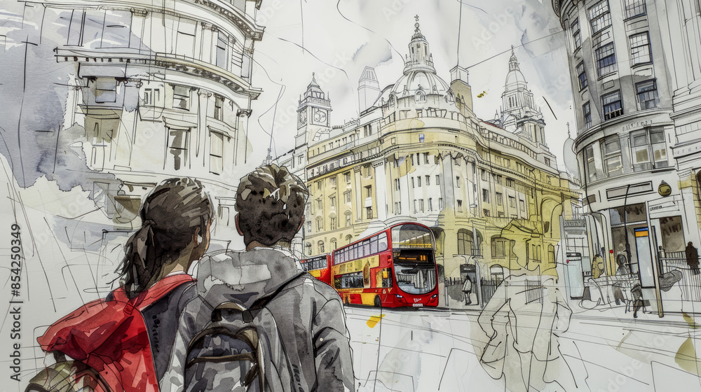 ภาพประกอบสต็อก Architecture hand drawn human figures, man, woman, kids ...