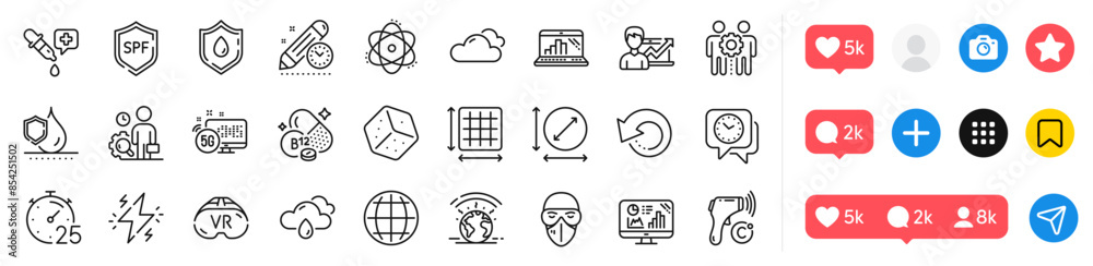 Waterproof, Spf protection and Timer line icons pack. Social media ...