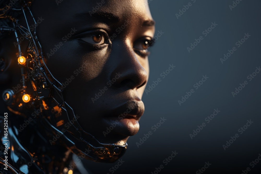 Hyper realistic photograph of portrait black woman humanoid robot on ...
