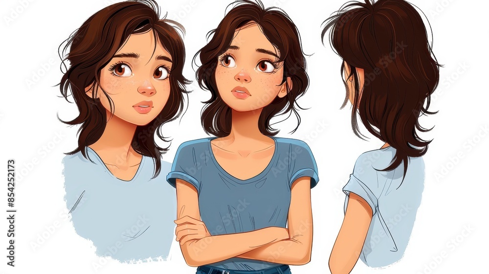 Artistic triple-portrait of a woman in three different poses showing ...