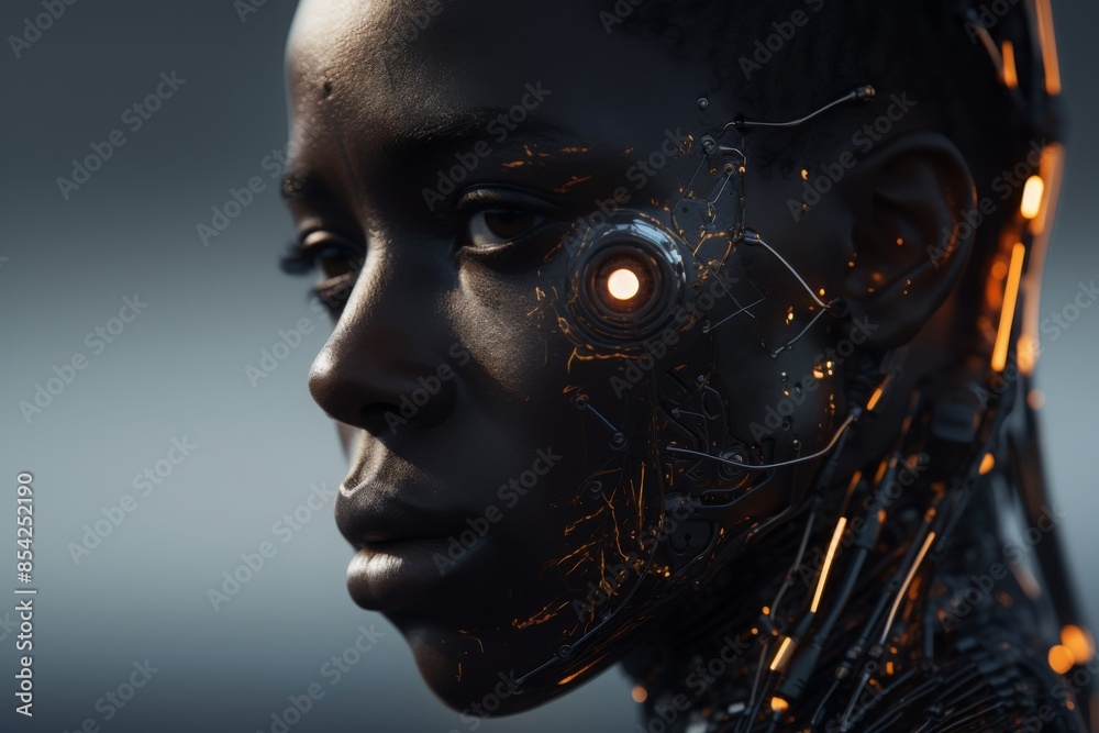 Hyper realistic photograph of portrait black woman humanoid robot on ...
