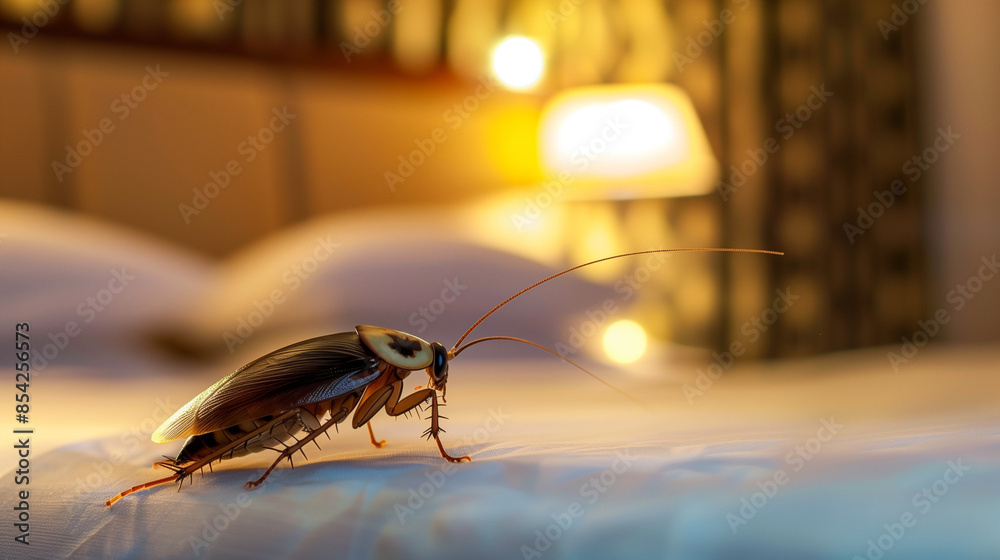 A cockroach crawling on a bed in a luxurious hotel room, a close up ...