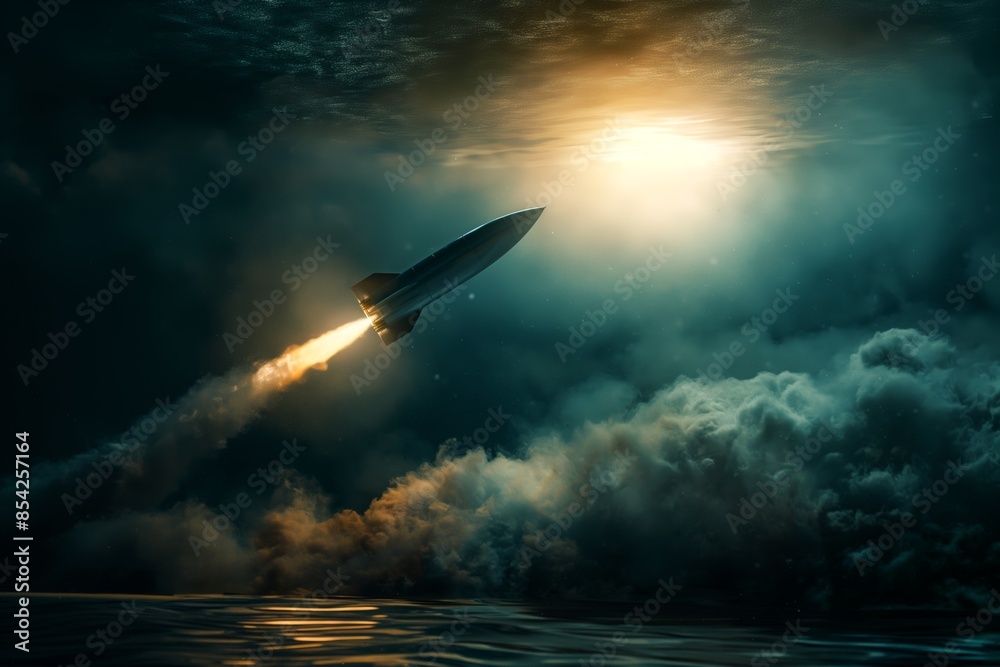 Missile launch during dramatic night sky, World War concept Stock Photo ...