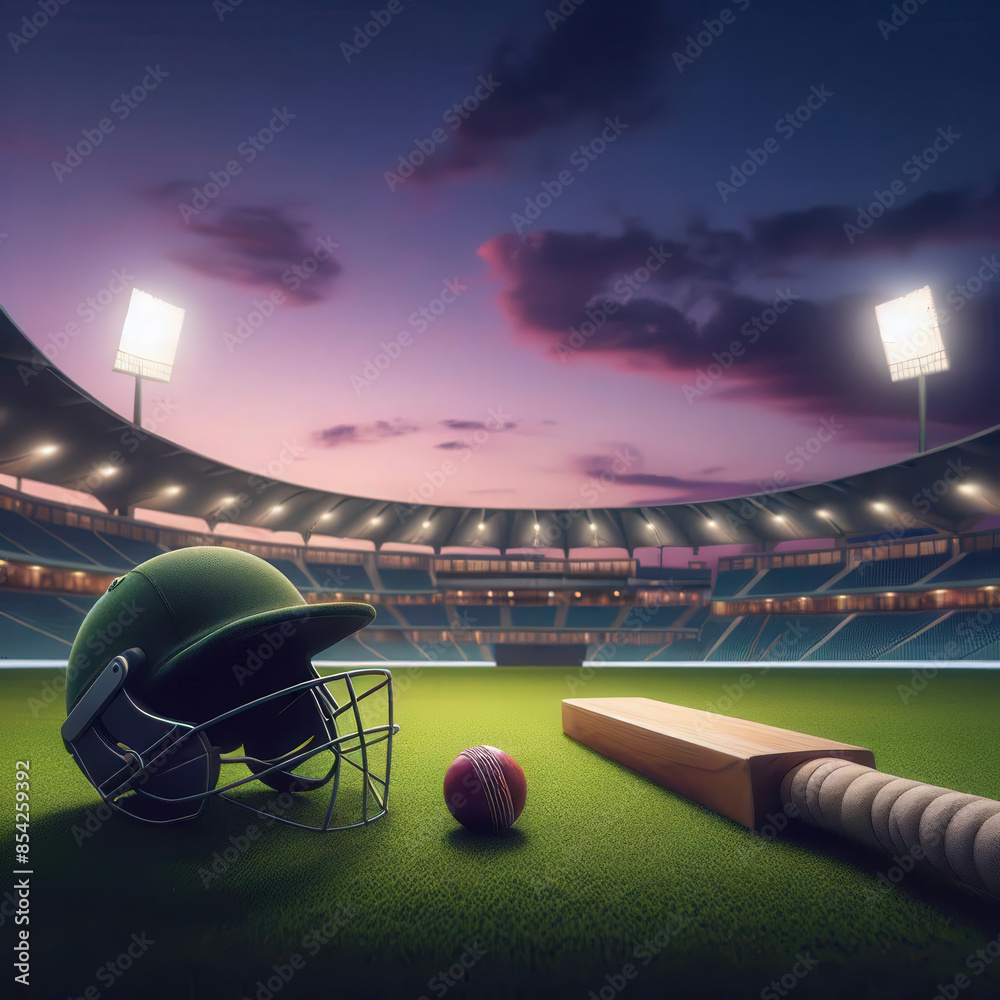 Cricket helmet and bat on grass of cricket stadium. View of cricket ...