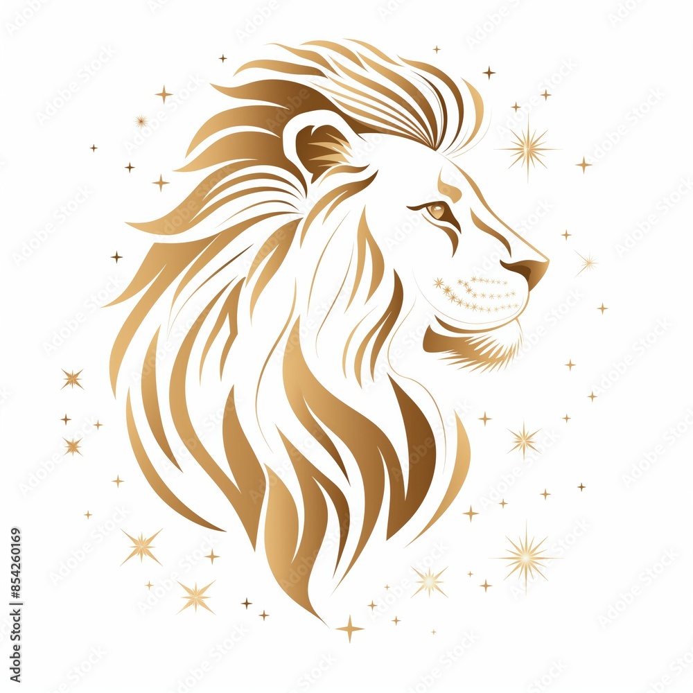 Stylized gold outline of a lion’s head in profile with a flowing mane ...