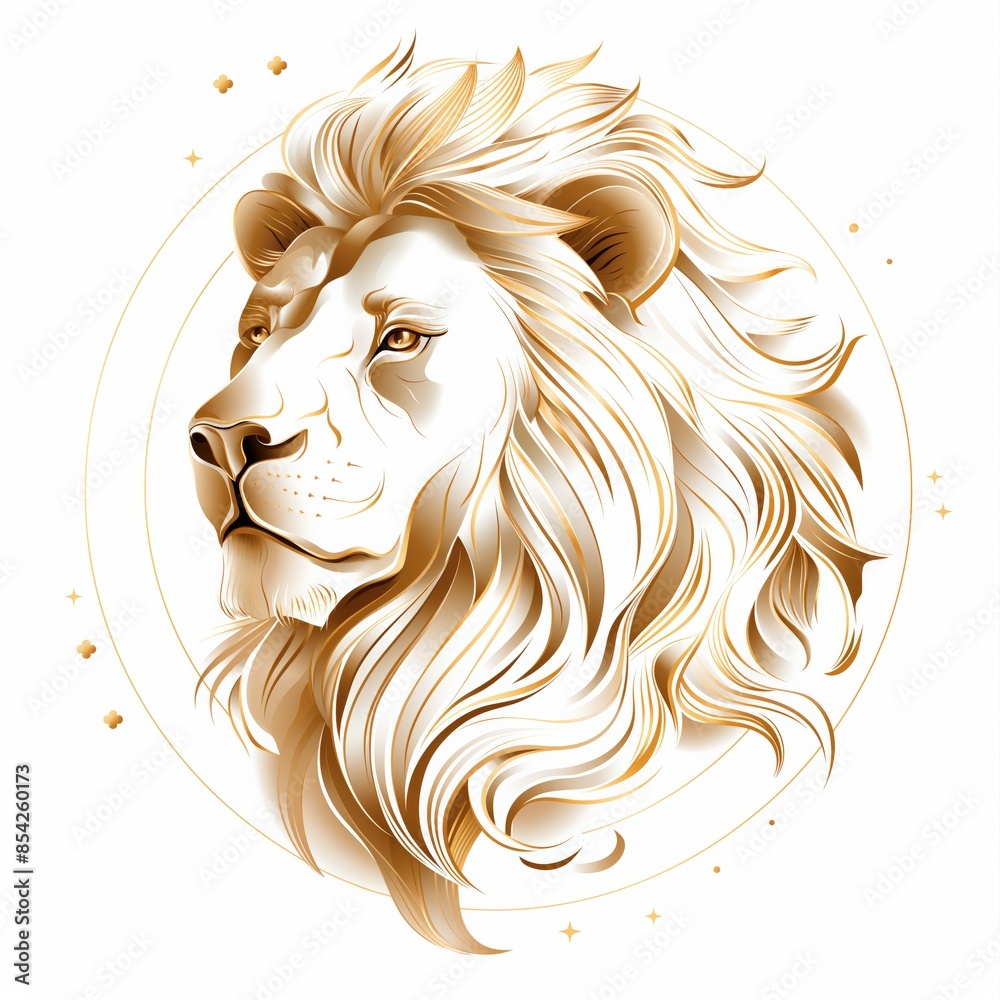 Stylized gold outline of a lion’s head with a flowing mane, encircled ...