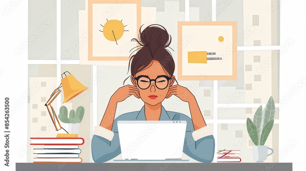 A cartoon woman at an office desk places her hands on her head ...