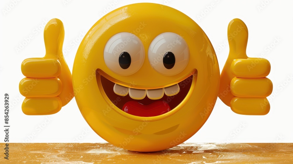 Glossy yellow emoji with a beaming smile offering two enthusiastic ...