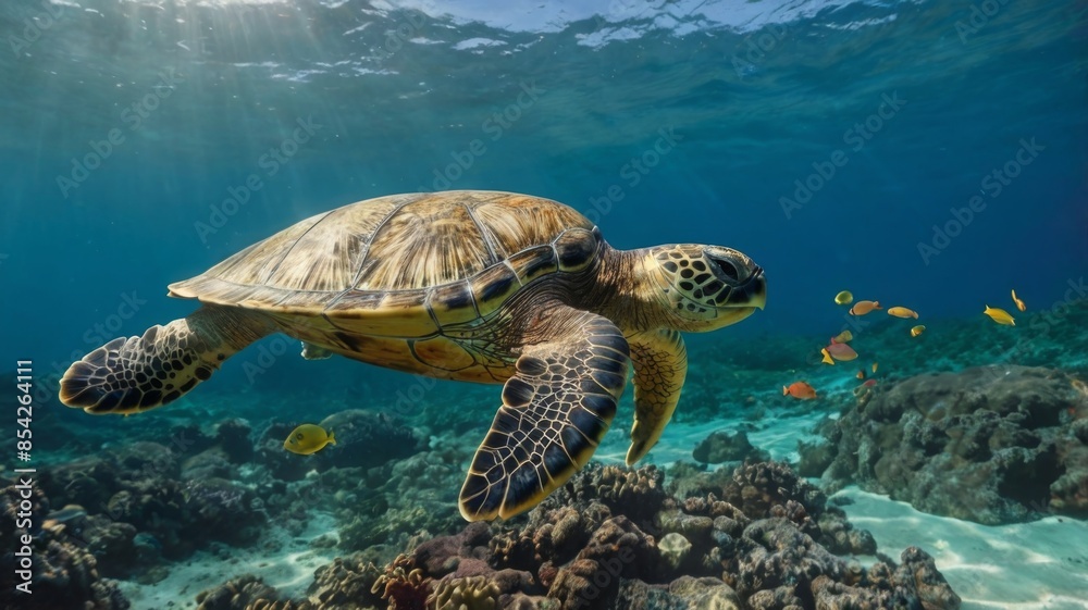 Depict a sea turtle gracefully navigating the underwater world of the ...