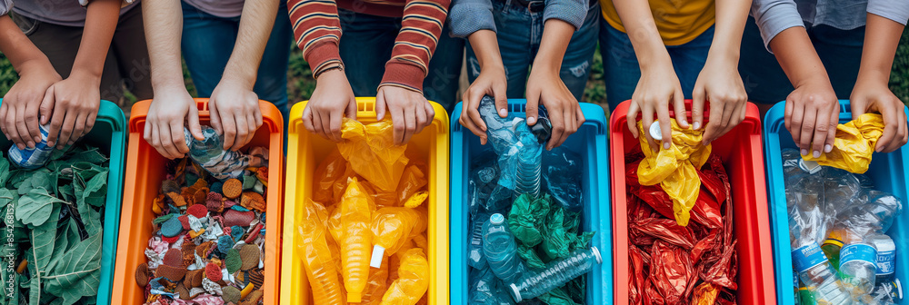 Diverse group sorting recyclables in color-coded bins. Symbolizing ...