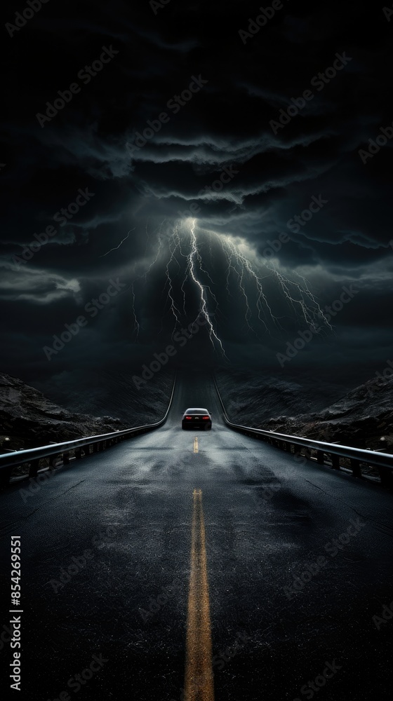 Midnight Drive: A Black Car Speeding Down a Dark Road Under a Stormy ...