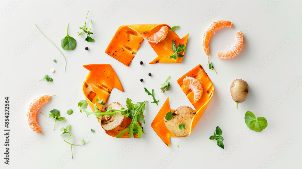 A high-resolution image of a recycling symbol made from food scraps and ...
