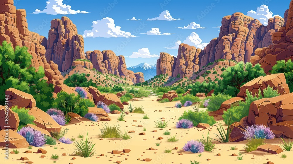 Majestic Desert Gorge with Rugged Cliffs and Lush Greenery Under a ...