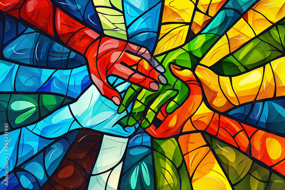 community people hands union stain glass abstract art Stock ...