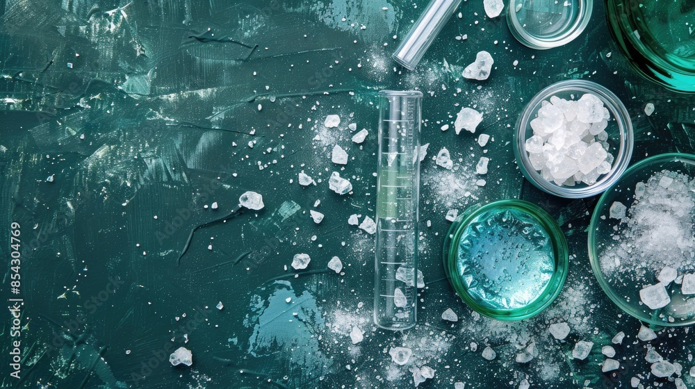 Chemical substances on lab table nickel chloride liquid in tube flake ...