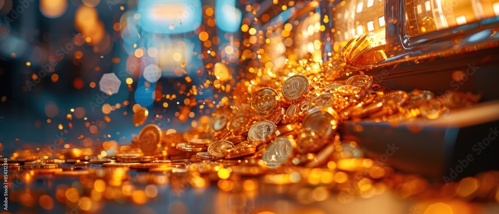 Behind the spinning reels of a slot machine, a lucky patron erupts into ...