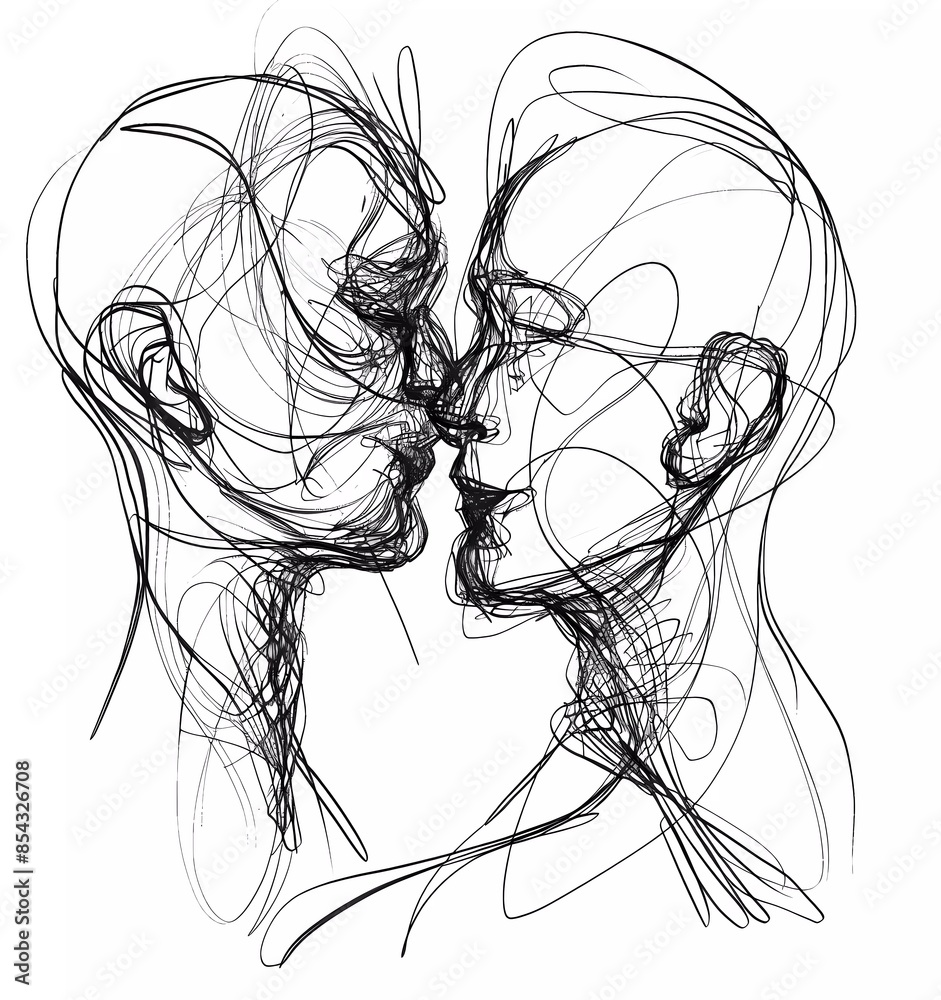 A simple scribbled line drawing of two heads facing each other, one ...