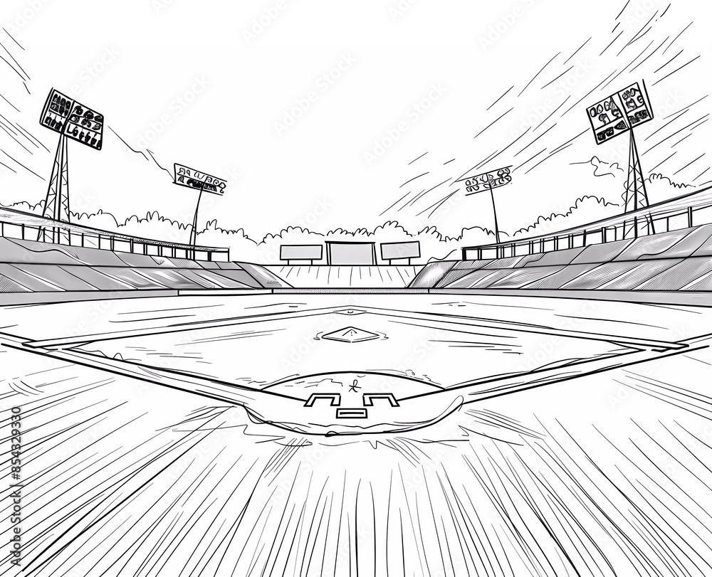 cartoon baseball field with stands and lights, simple line art ...