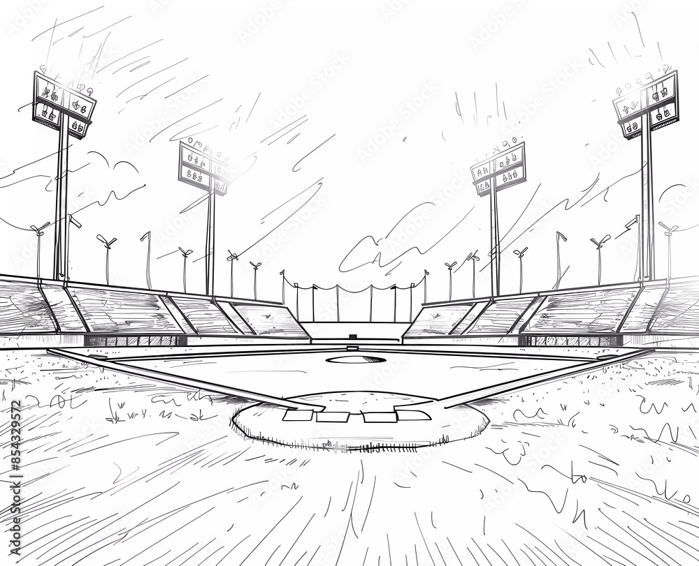 cartoon baseball field with stands and lights, simple line art ...