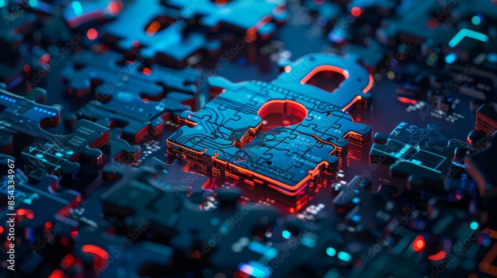 Artistic representation of a jigsaw puzzle themed around cybersecurity ...