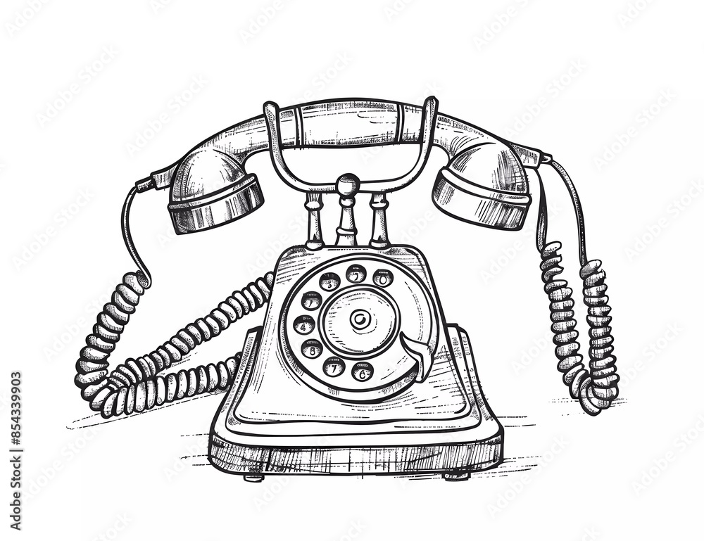 vintage telephone vector, simple line art, white background, black ink ...