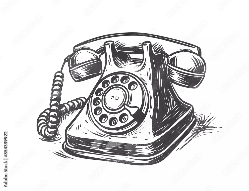 vintage telephone vector, simple line art, white background, black ink ...