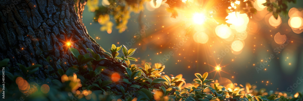 Sunlight Through Oak Tree Leaves: Vibrant Greenery with Lens Flares and ...