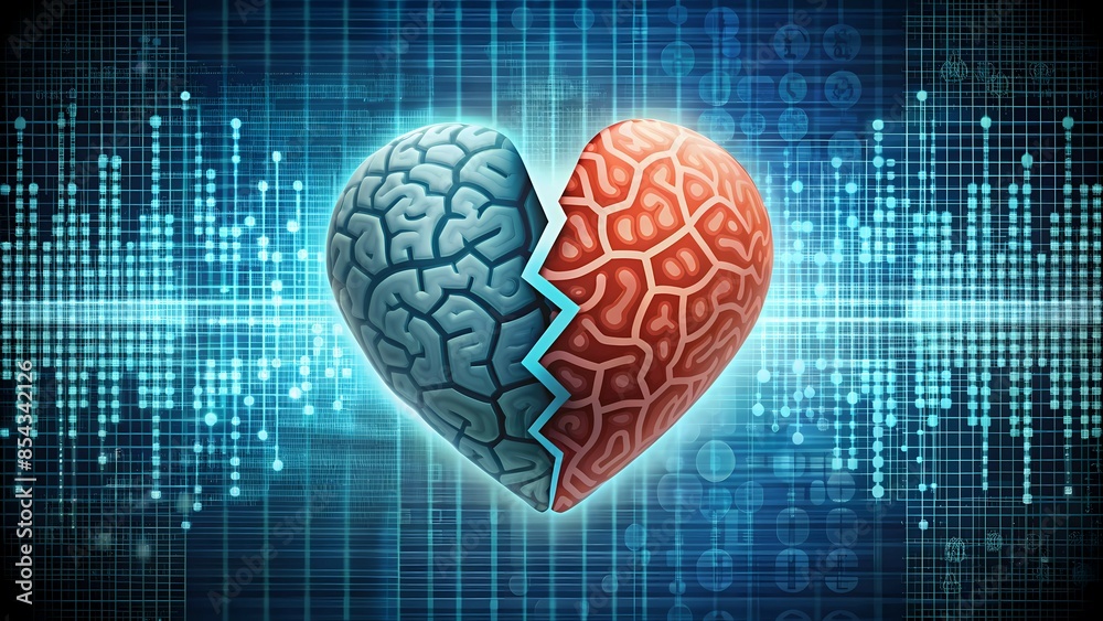 This image depicts a broken heart split in two, with a human brain on ...