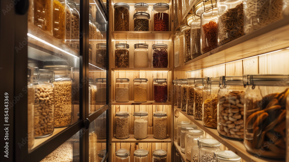 Dry goods storage in a luxury home - jars of staples stored in a ...
