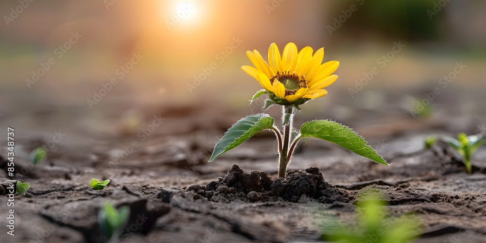 lonely plant in dryness land, Global Warming Concept with digital icons ...
