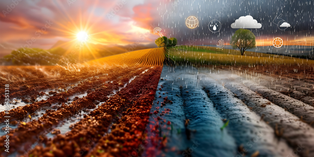 Dryness vs watering, Global Warming Concept with digital icons like ...