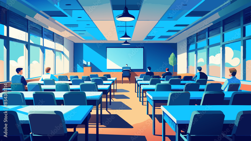The vacant classroom is equipped with chairs and a projector screen ...
