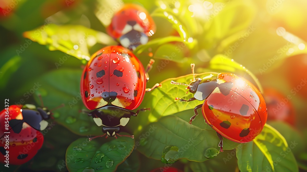 Enchanting Garden: Round Ladybugs With Shiny Shells Crawling on Sunlit ...