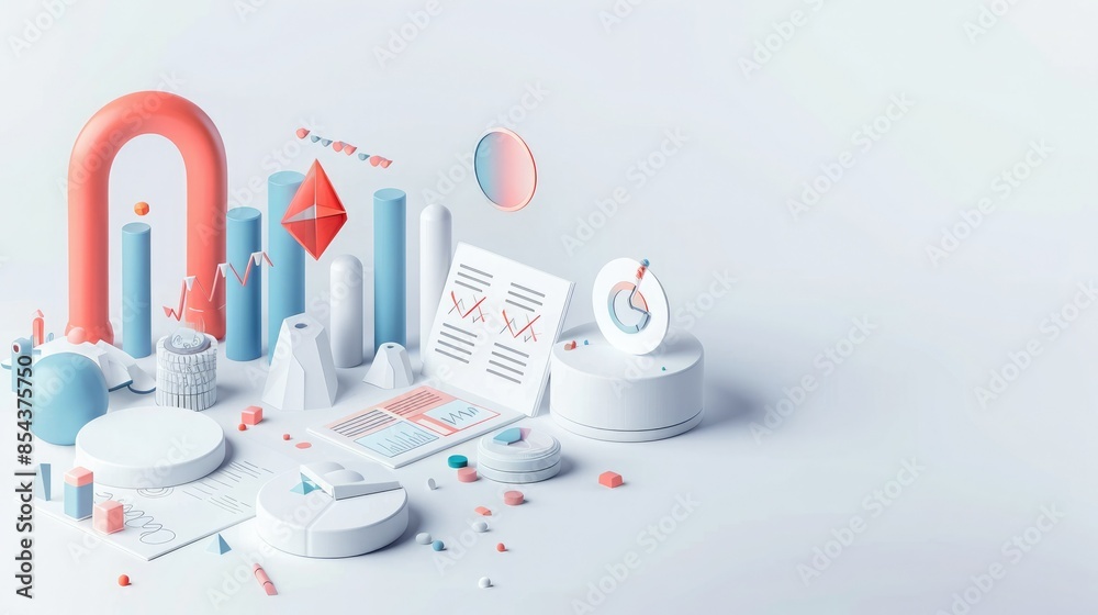 Abstract 3D illustration of data analytics with graphs, charts, and ...