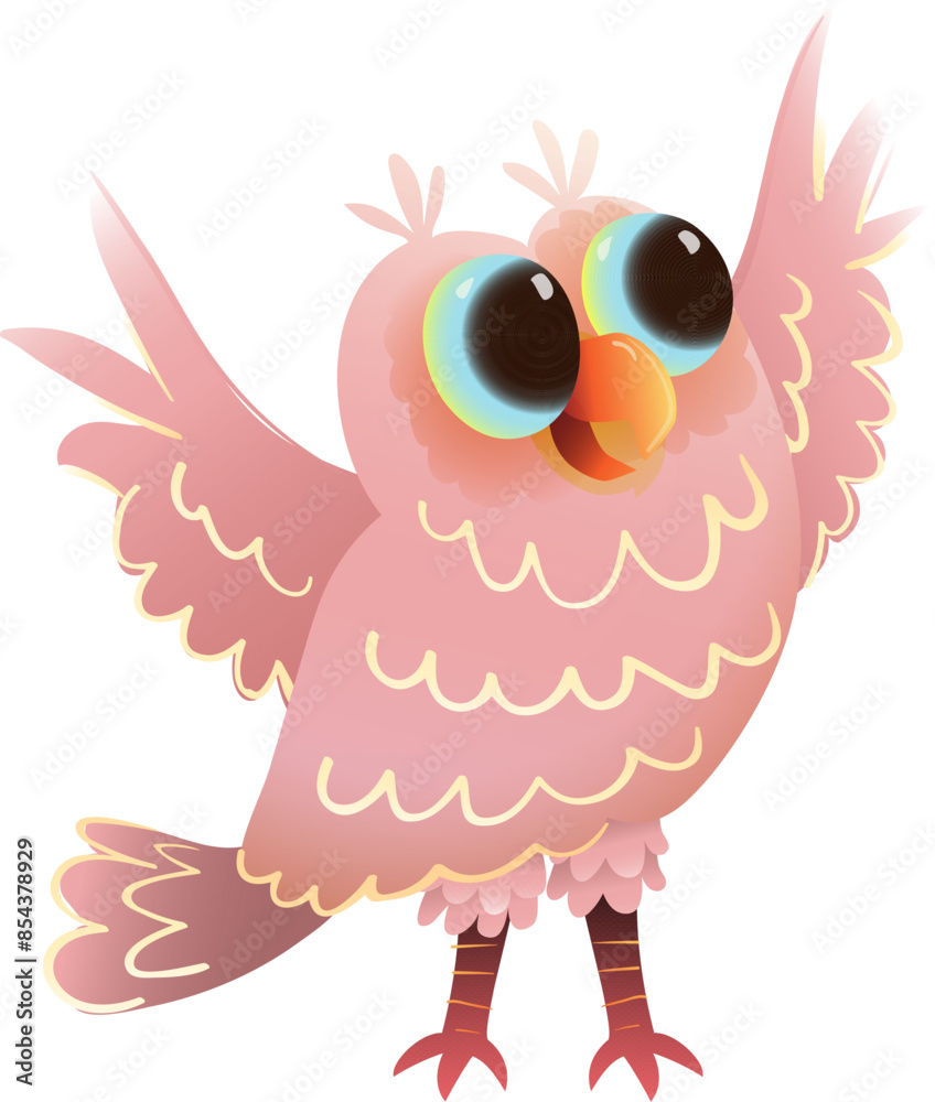 Cartoon illustration of a cute wise owl character showing with wings ...