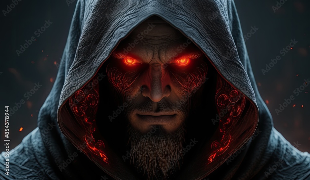 red devil person. a figure who takes life. wearing a black robe, sharp ...