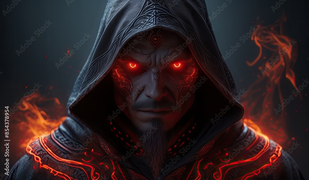 red devil person. a figure who takes life. wearing a black robe, sharp ...
