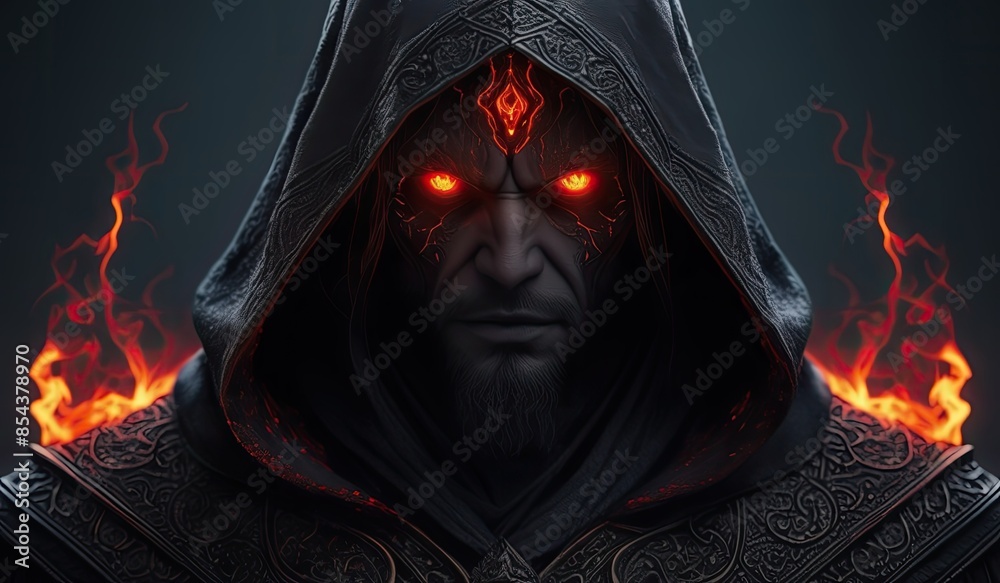 red devil person. a figure who takes life. wearing a black robe, sharp ...