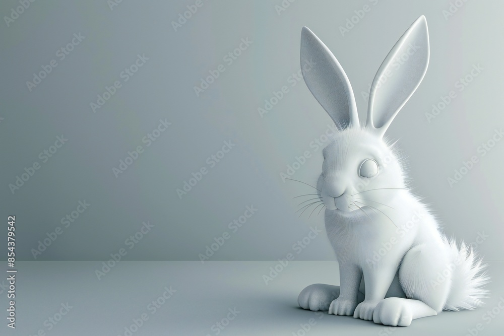 Cartoon rabbit with long ears and a fluffy tail on a monochrome ...