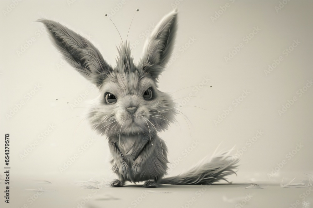 Cartoon rabbit with long ears and a fluffy tail on a monochrome ...