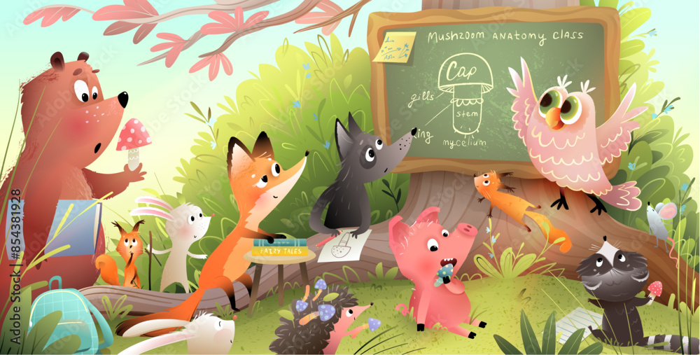 Cute kids illustration with animals in a forest school classroom lesson ...