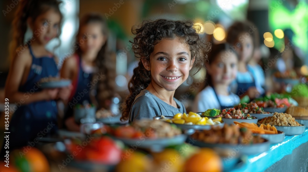 smiling children at the school lunch line, holding their plates filled ...