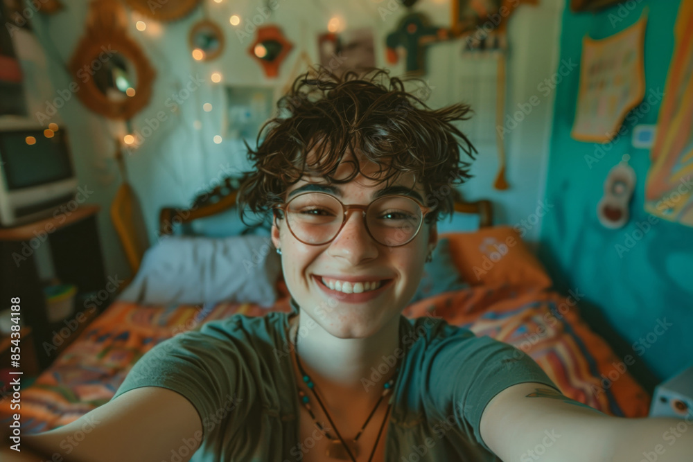 Realistic phone selfie made by cute smiling non-binary person with ...