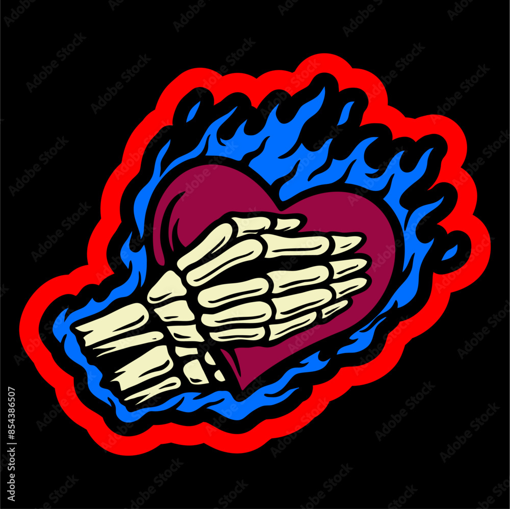 vector illustration artwork skeleton skull hand pray with fire love ...