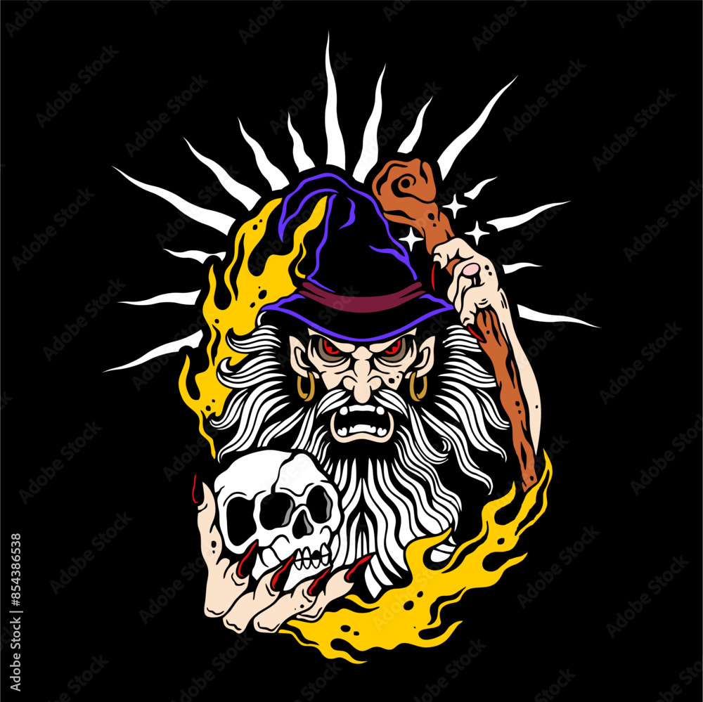 vector illustration old man wizard dizzy bring skull on right hand and ...
