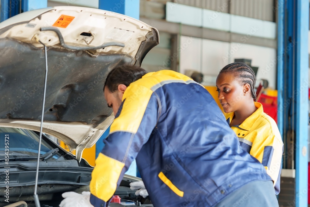 Mechanics working in a garage inspecting car engine. Male and female ...