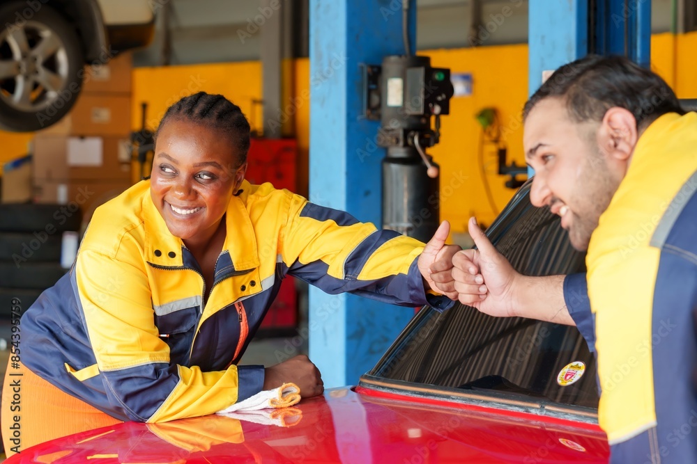 Mechanics giving thumbs up in auto repair shop. Male and female ...